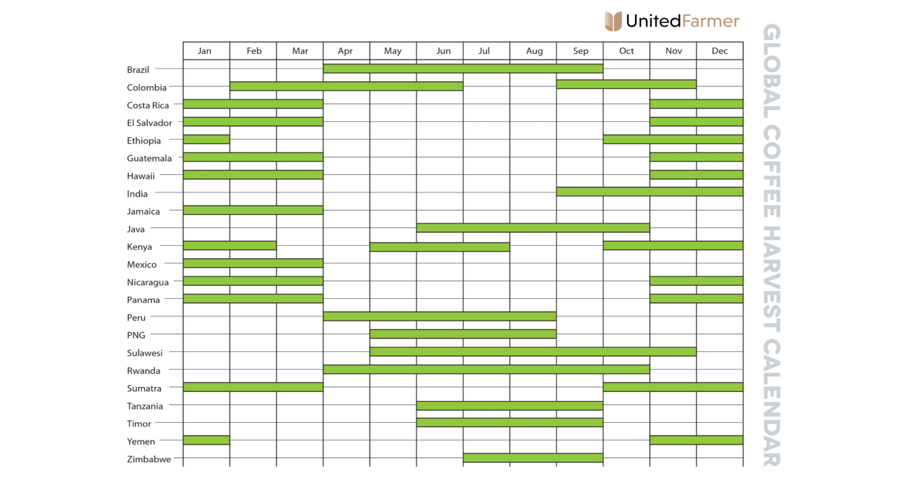 Specialty coffee harvest calendar with respect to coffee producing ...